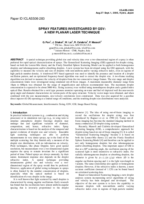 (PDF) Spray Features Investigared by GSV: A New Planar Laser Technique