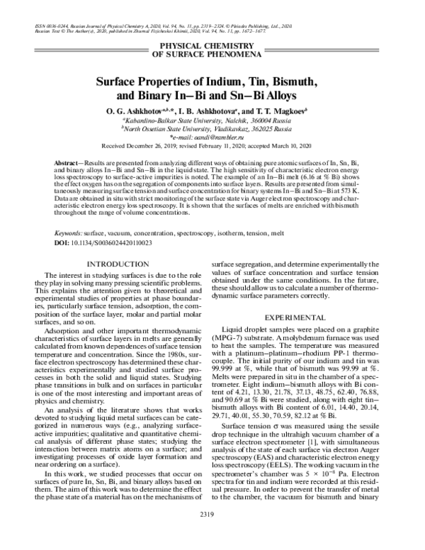 (PDF) Surface Properties of Indium, Tin, Bismuth, and Binary In–Bi and ...