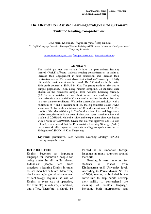 (PDF) The Effect of Peer Assisted Learning Strategies (PALS) Toward ...