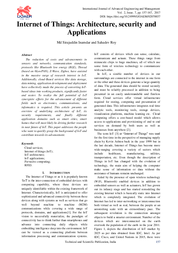 (PDF) Internet of Things: Architecture, Security and Applications