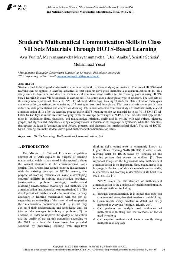 (PDF) Student’s Mathematical Communication Skills in Class VII Sets ...
