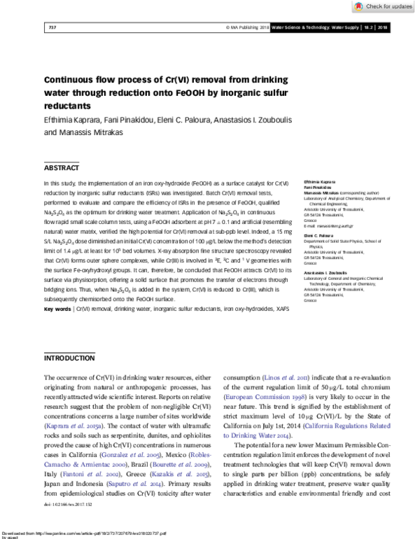 (PDF) Continuous flow process of Cr(VI) removal from drinking water ...