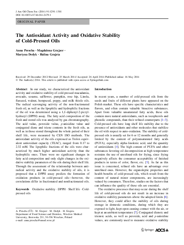 (PDF) The Antioxidant Activity and Oxidative Stability of Cold-Pressed Oils