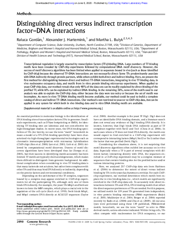 (PDF) Distinguishing direct versus indirect transcription factor–DNA ...