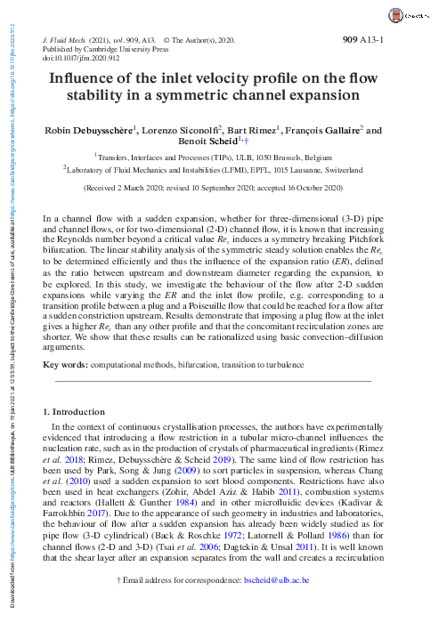 (PDF) Influence of the inlet velocity profile on the flow stability in a symmetric channel expansion