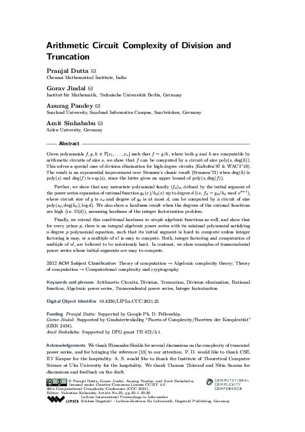 (PDF) Arithmetic circuit complexity of division and truncation