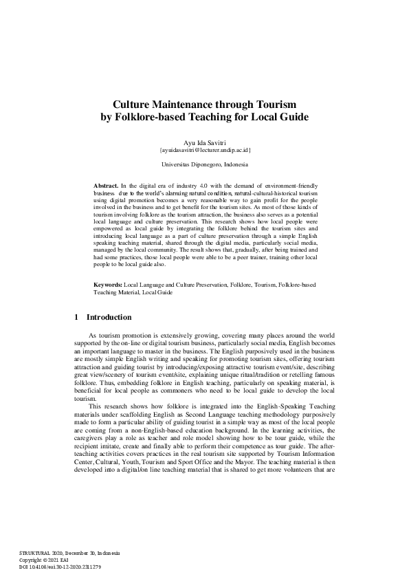 (PDF) Culture Maintenance through Tourism by Folklore-based Teaching for Local Guide