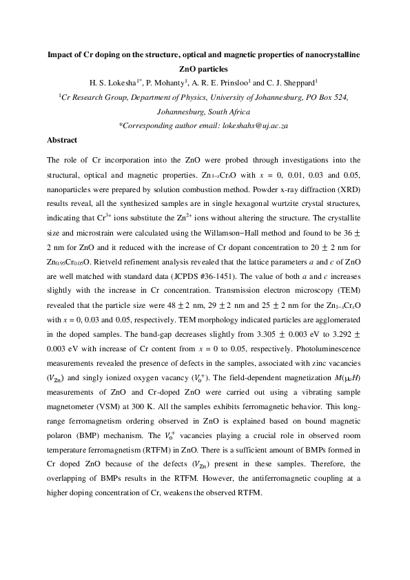 (PDF) Impact of Cr Doping on the Structure, Optical and Magnetic Properties of Nanocrystalline ...