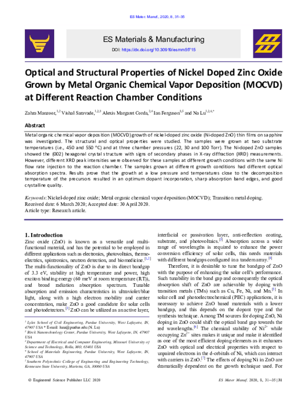 (PDF) Optical and Structural Properties of Nickel Doped Zinc Oxide Grown by Metal Organic ...