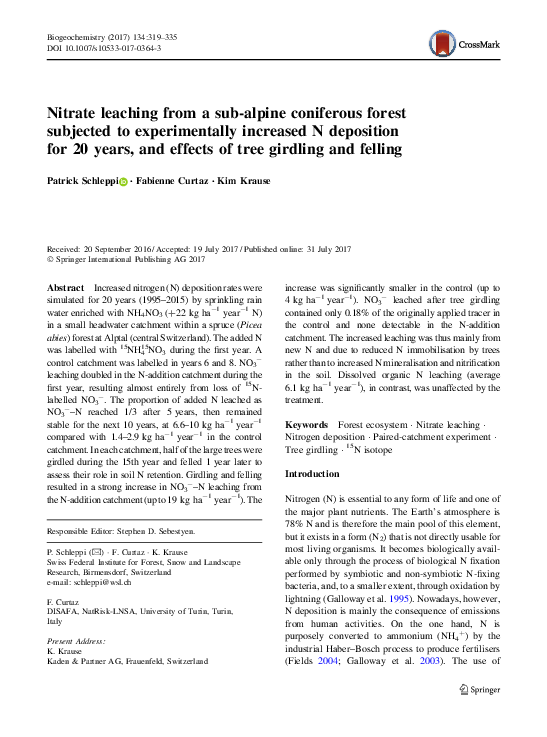 (PDF) Nitrate leaching from a sub-alpine coniferous forest subjected to ...
