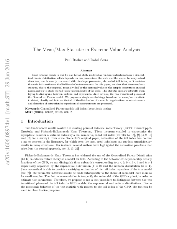 (PDF) The Mean/Max Statistic in Extreme Value Analysis