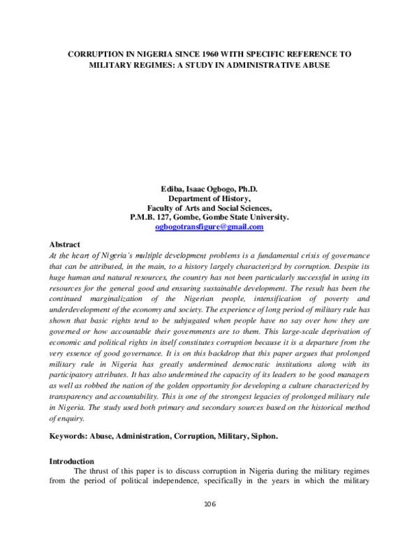 (PDF) CORRUPTION IN NIGERIA SINCE 1960 WITH SPECIFIC REFERENCE TO MILITARY REGIMES: A STUDY IN ...