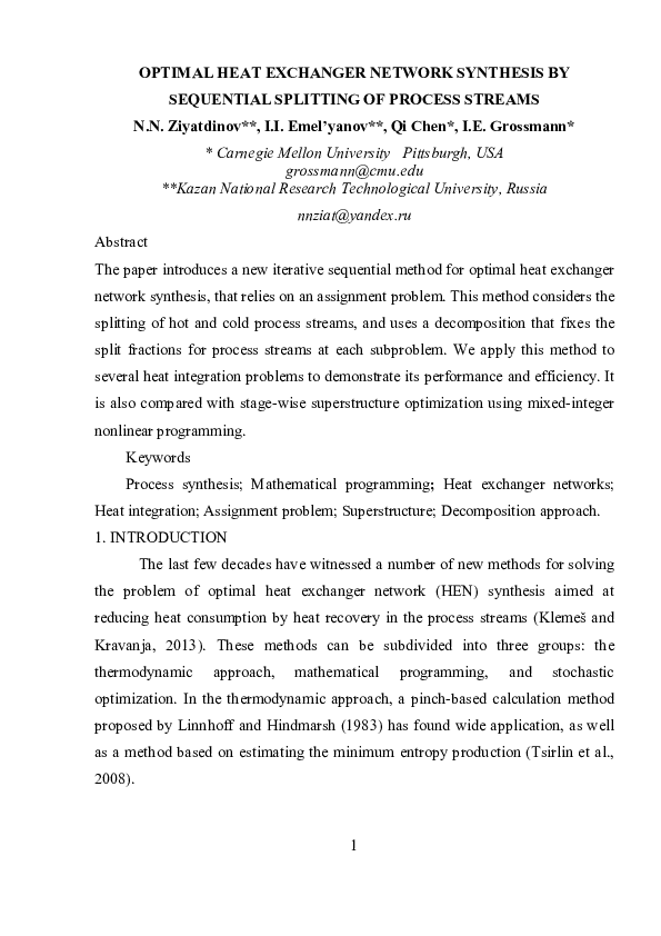 (PDF) Optimal heat exchanger network synthesis by sequential splitting of process streams