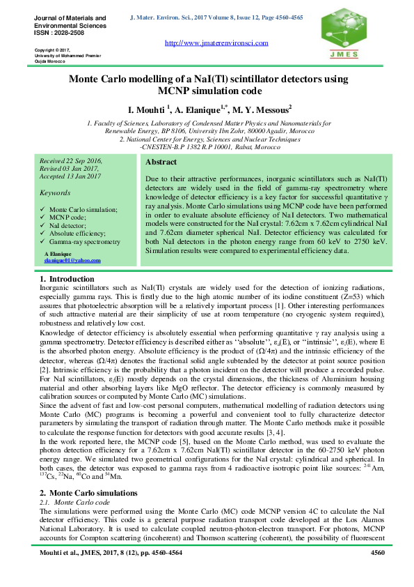 (PDF) Monte Carlo modelling of a NaI(Tl) scintillator detectors using MCNP simulation code