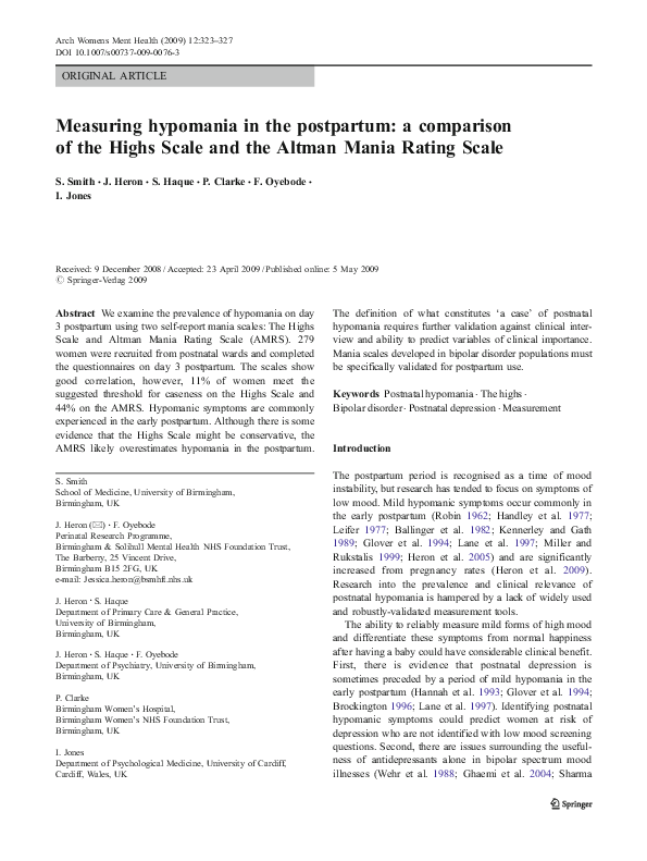 (PDF) Measuring hypomania in the postpartum: a comparison of the Highs ...
