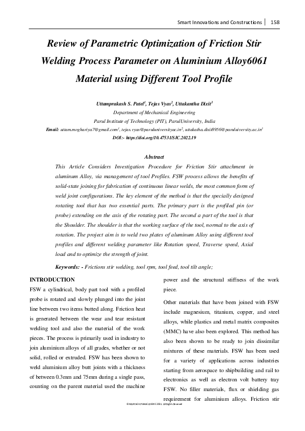 Pdf Review Of Parametric Optimization Of Friction Stir Welding