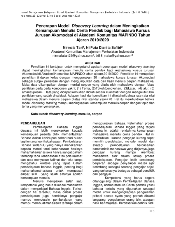 (PDF) Penerapan Model Discovery Learning dalam Meningkatkan Kemampuan Menulis Cerita Pendek bagi ...