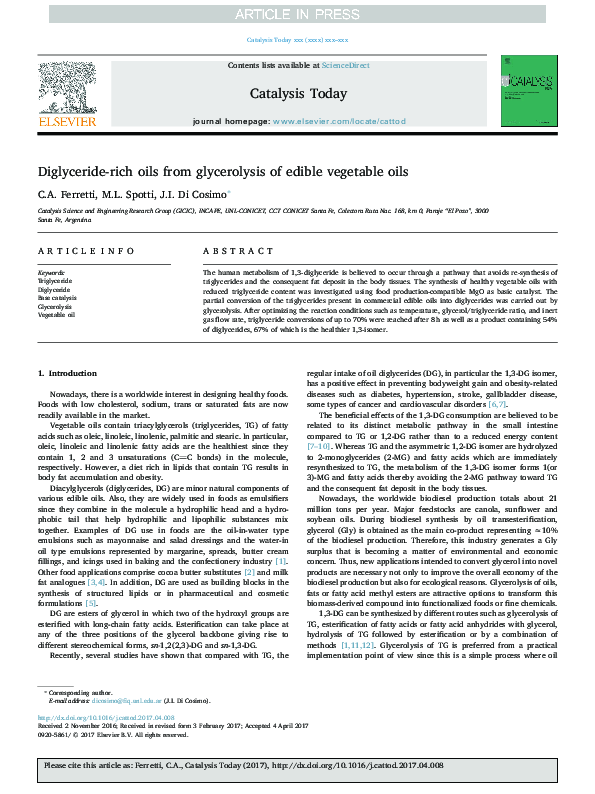 (PDF) Diglyceride-rich oils from glycerolysis of edible vegetable oils ...