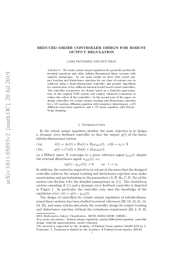 (PDF) Reduced Order Controller Design for Robust Output Regulation