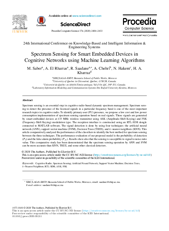 Pdf Spectrum Sensing For Smart Embedded Devices In Cognitive Networks Using Machine Learning