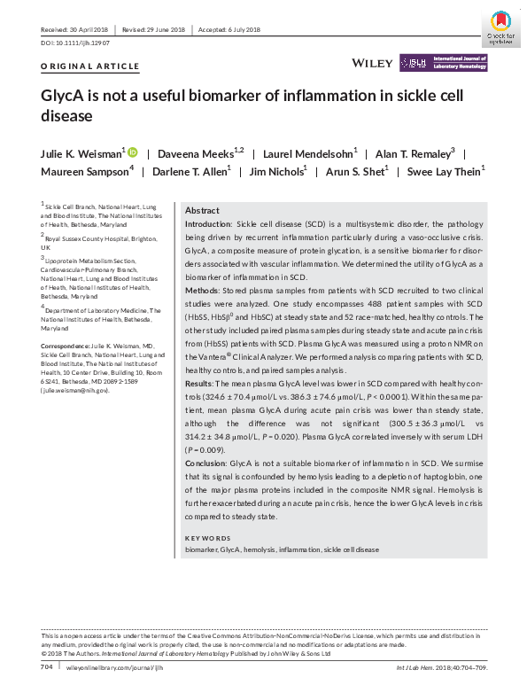 (PDF) GlycA is not a useful biomarker of inflammation in sickle cell ...
