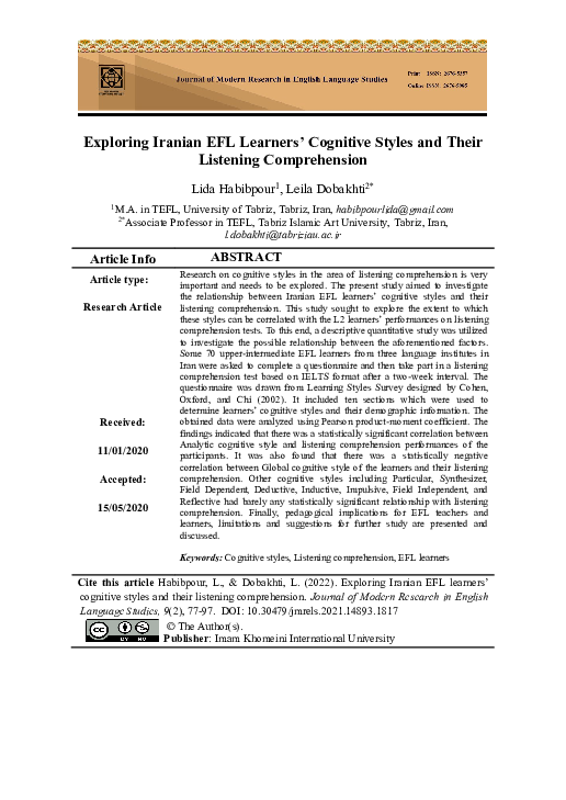 Pdf Exploring Iranian Efl Learners Cognitive Styles And Their Listening Comprehension