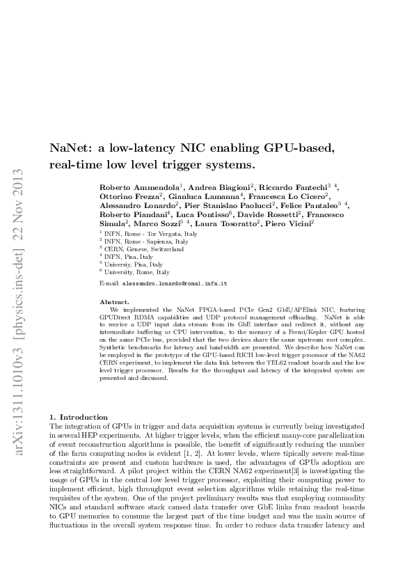 (PDF) NaNet: a low-latency NIC enabling GPU-based, real-time low level ...