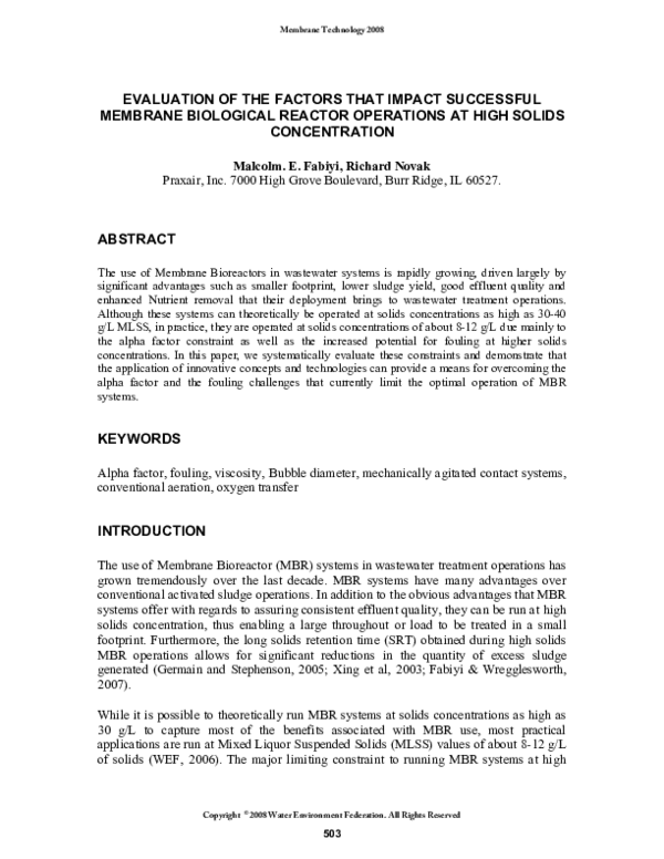 (PDF) Evaluation of the Factors that Impact Successful Membrane Biological Reactor Operations at ...