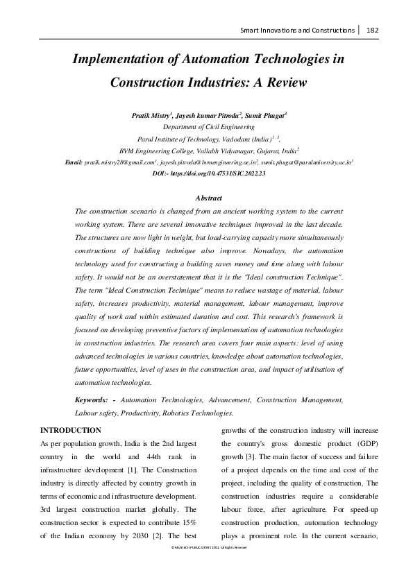 (PDF) Implementation of Automation Technologies in Construction ...