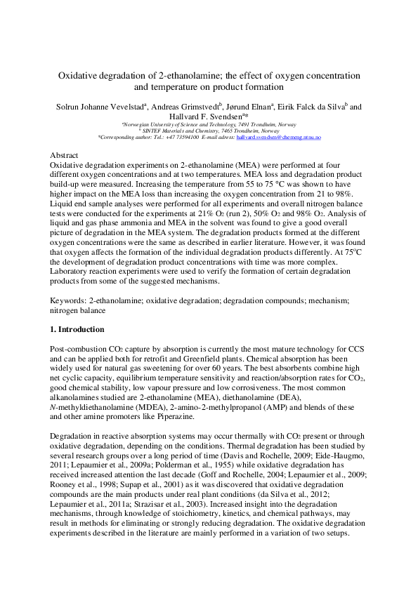 (PDF) Oxidative degradation of 2-ethanolamine: The effect of oxygen concentration and ...