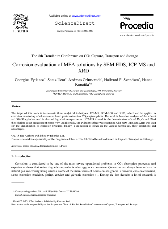 (PDF) Corrosion Evaluation of MEA Solutions by SEM-EDS, ICP-MS and XRD