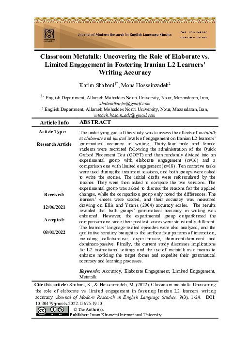 (PDF) Classroom Metatalk: Uncovering the Role of Elaborate vs. Limited ...