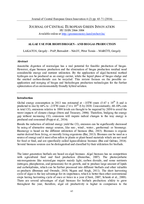 (PDF) Algae Use for Biohydrogen - and Biogas Production