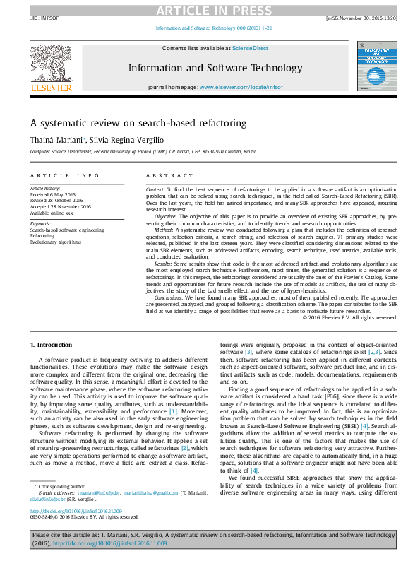 Pdf A Systematic Review On Search Based Refactoring