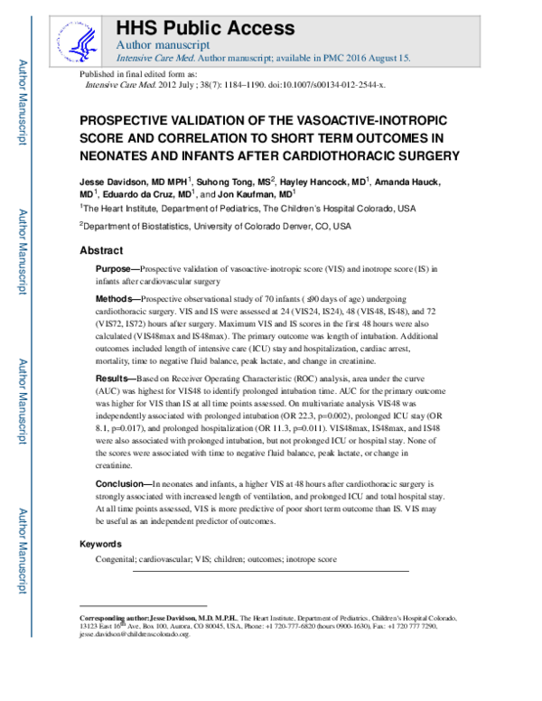 (PDF) Prospective validation of the vasoactive-inotropic score and ...