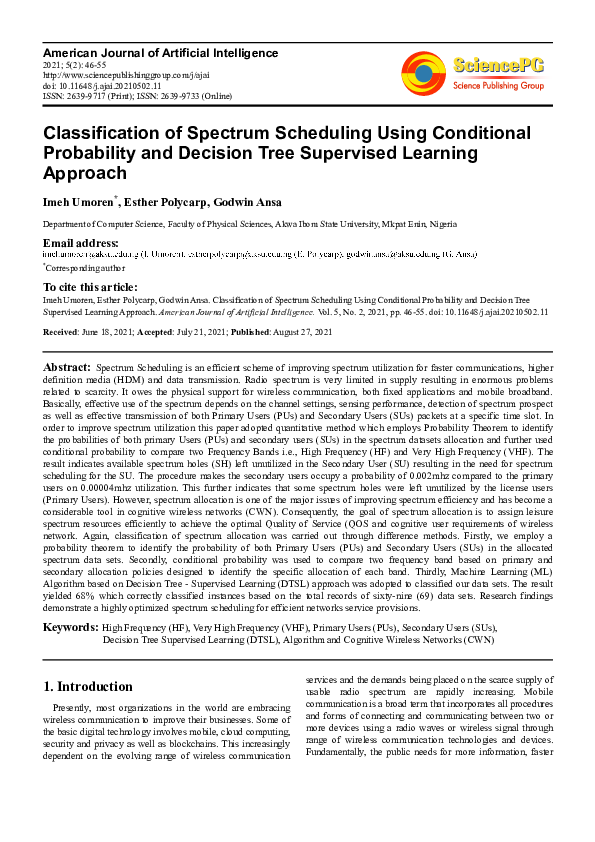(PDF) Classification of Spectrum Scheduling Using Conditional Probability and Decision Tree ...