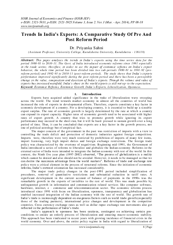 (PDF) Trends In India’s Exports: A Comparative Study Of Pre And Post ...