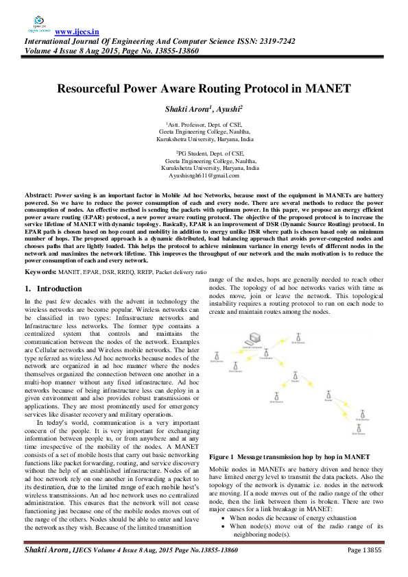 Pdf Resourceful Power Aware Routing Protocol In Manet Kurukshetra University