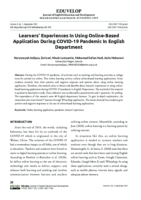 (PDF) Learners’ Experiences In Using Online-Based Application During COVID-19 Pandemic In ...