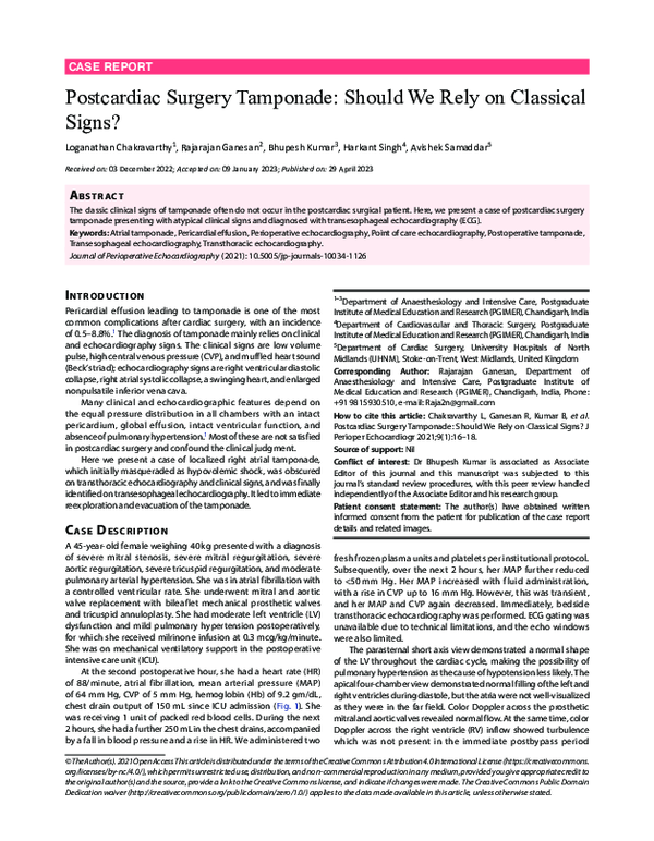 (PDF) Postcardiac Surgery Tamponade: Should We Rely on Classical Signs?