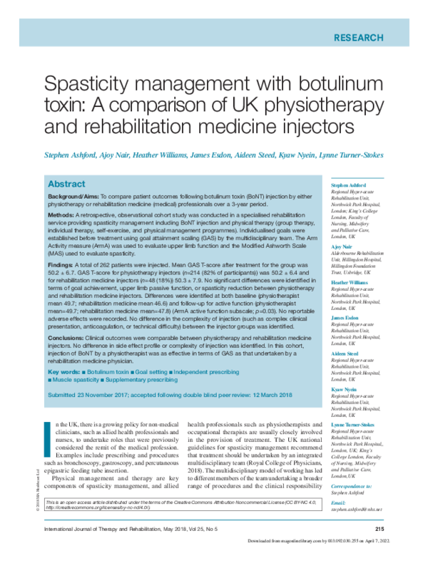 (PDF) Spasticity management with botulinum toxin: A comparison of UK physiotherapy and ...
