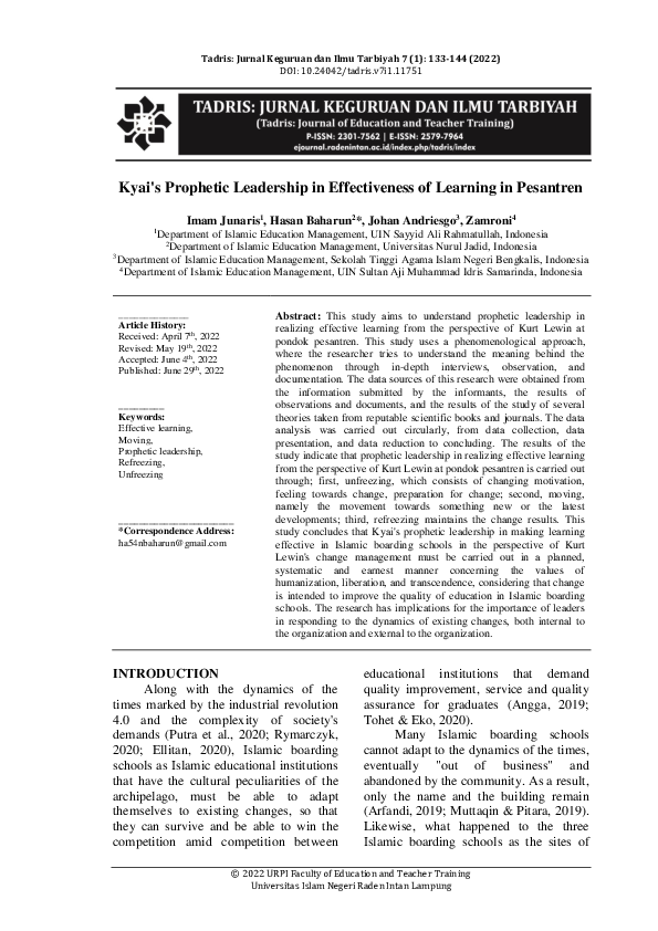 (PDF) Kyai's Prophetic Leadership in Effectiveness of Learning in Pesantren