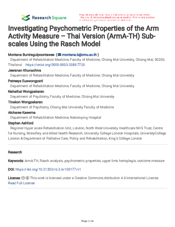 (PDF) Investigating Psychometric Properties of the Arm Activity Measure ...