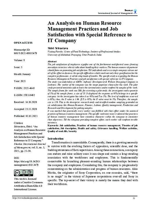 (PDF) An Analysis on Human Resource Management Practices and Job Satisfaction with Special ...