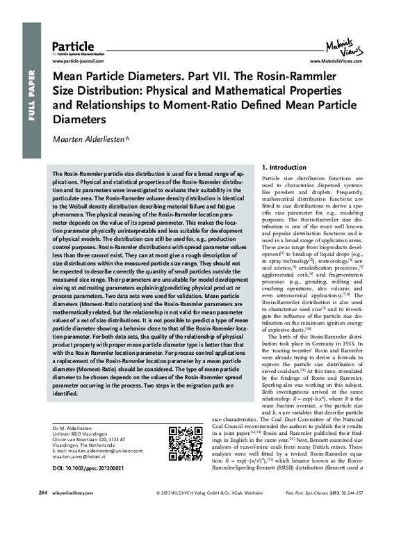 (PDF) Mean Particle Diameters. Part VII. The Rosin-Rammler Size ...