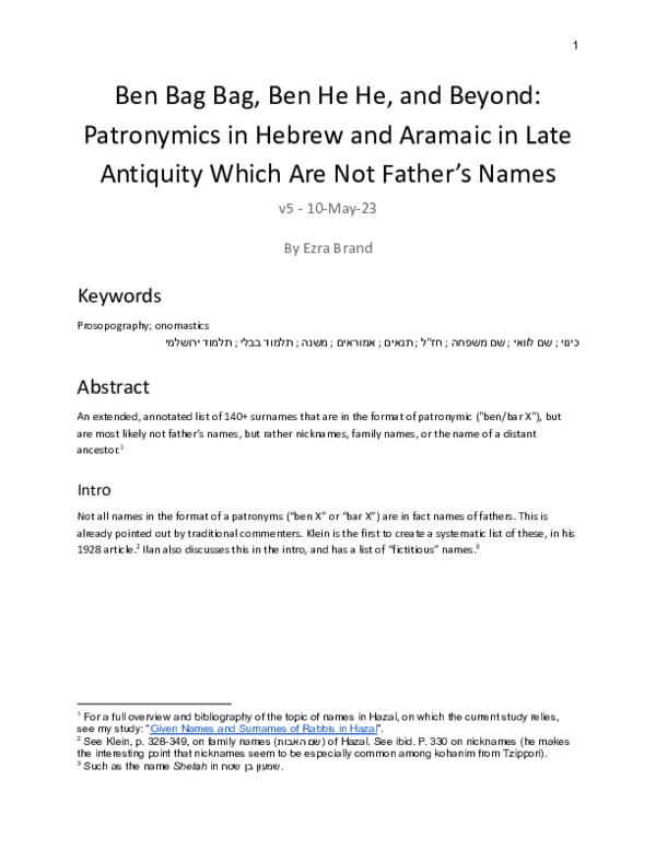 (PDF) Ben Bag Bag, Ben He He, and Beyond: Patronymics in Hebrew and ...
