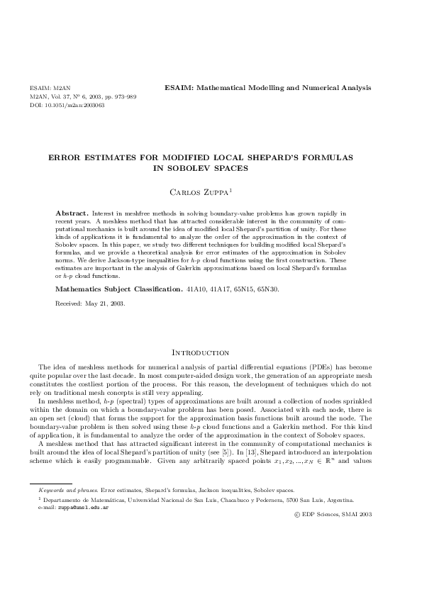 (PDF) Error estimates for Modified Local Shepard's Formulas in Sobolev ...