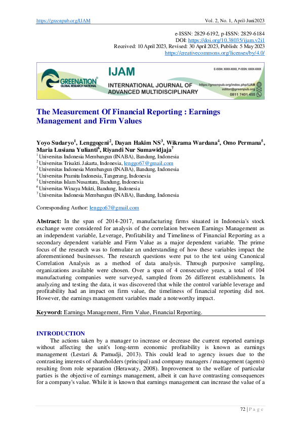 (PDF) The Measurement Of Financial Reporting : Earnings Management and ...