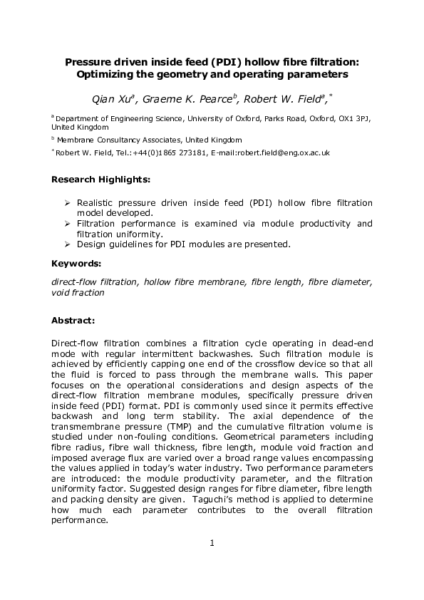 (PDF) Pressure driven inside feed (PDI) hollow fibre filtration ...
