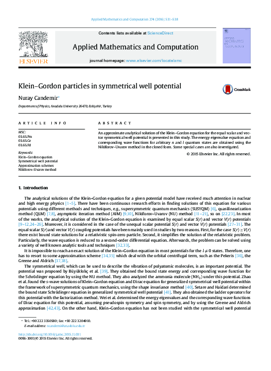 (PDF) Klein–Gordon particles in symmetrical well potential